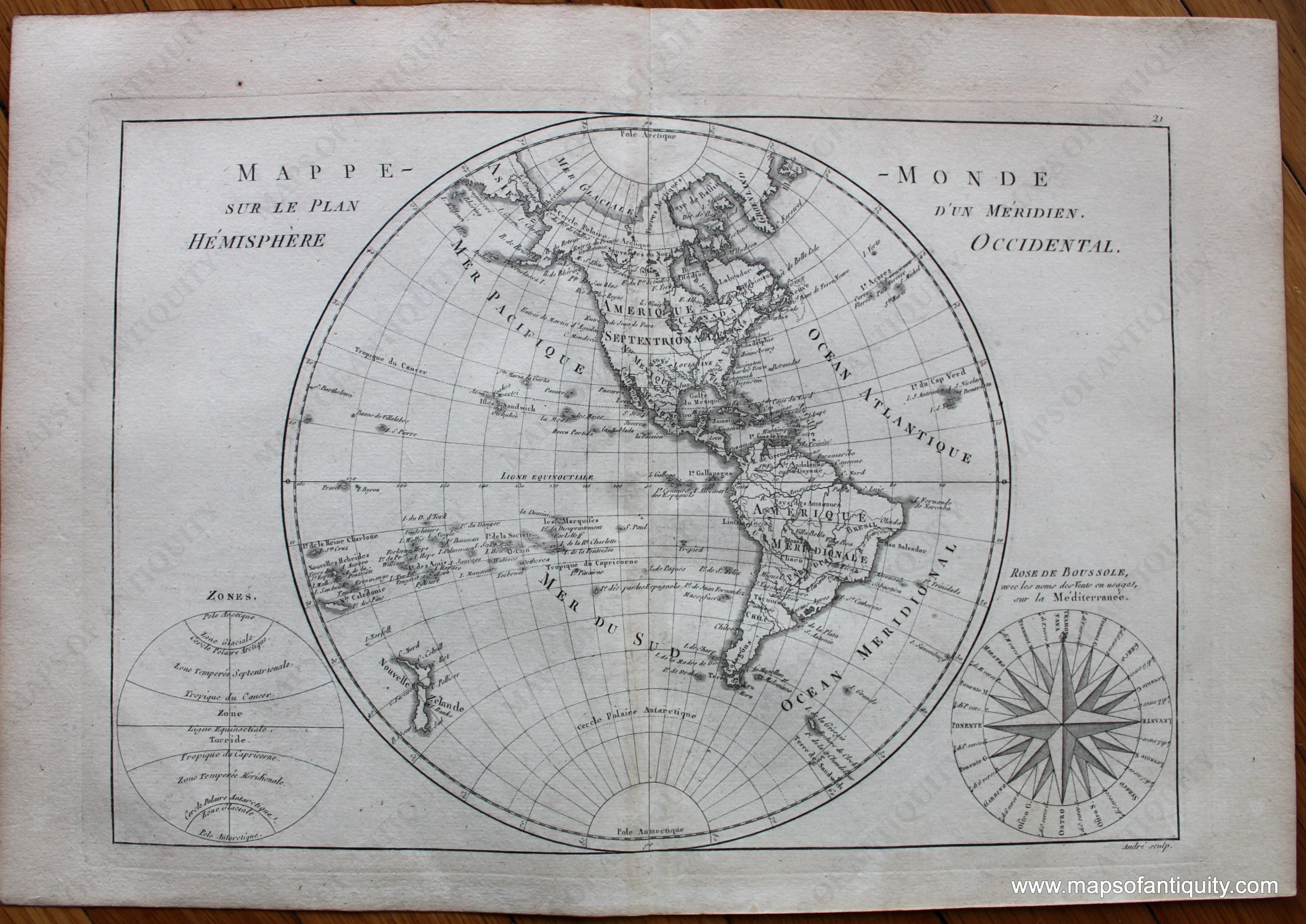 1787 - Mappe-Monde sur Le Plan D'Un Meridien Hemisphere Occidental - A ...