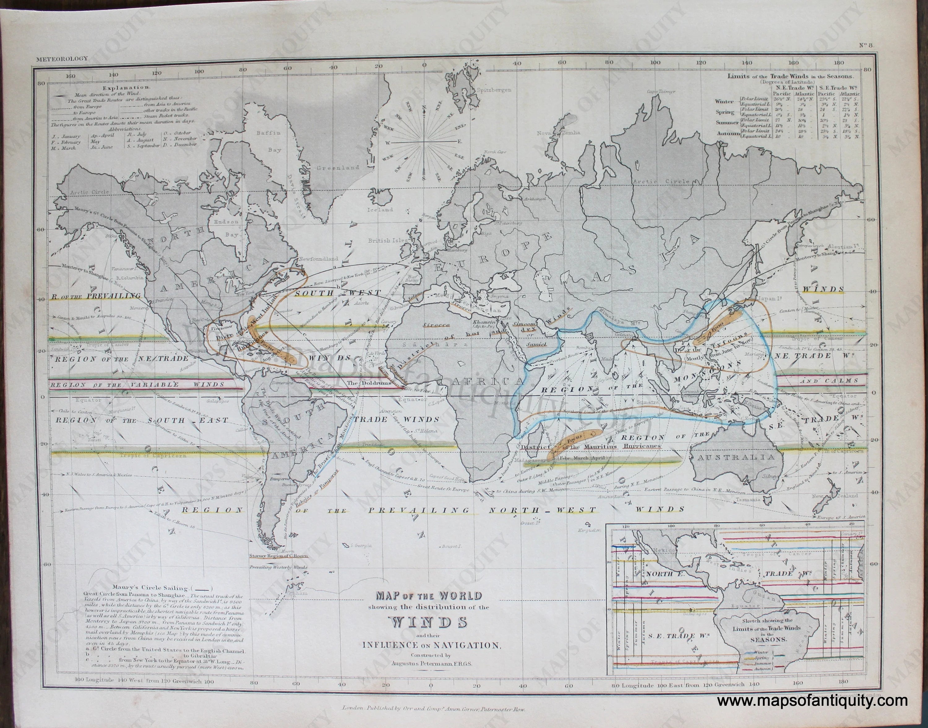 1850 - Map of the World showing the Distribution of the Winds and thei ...