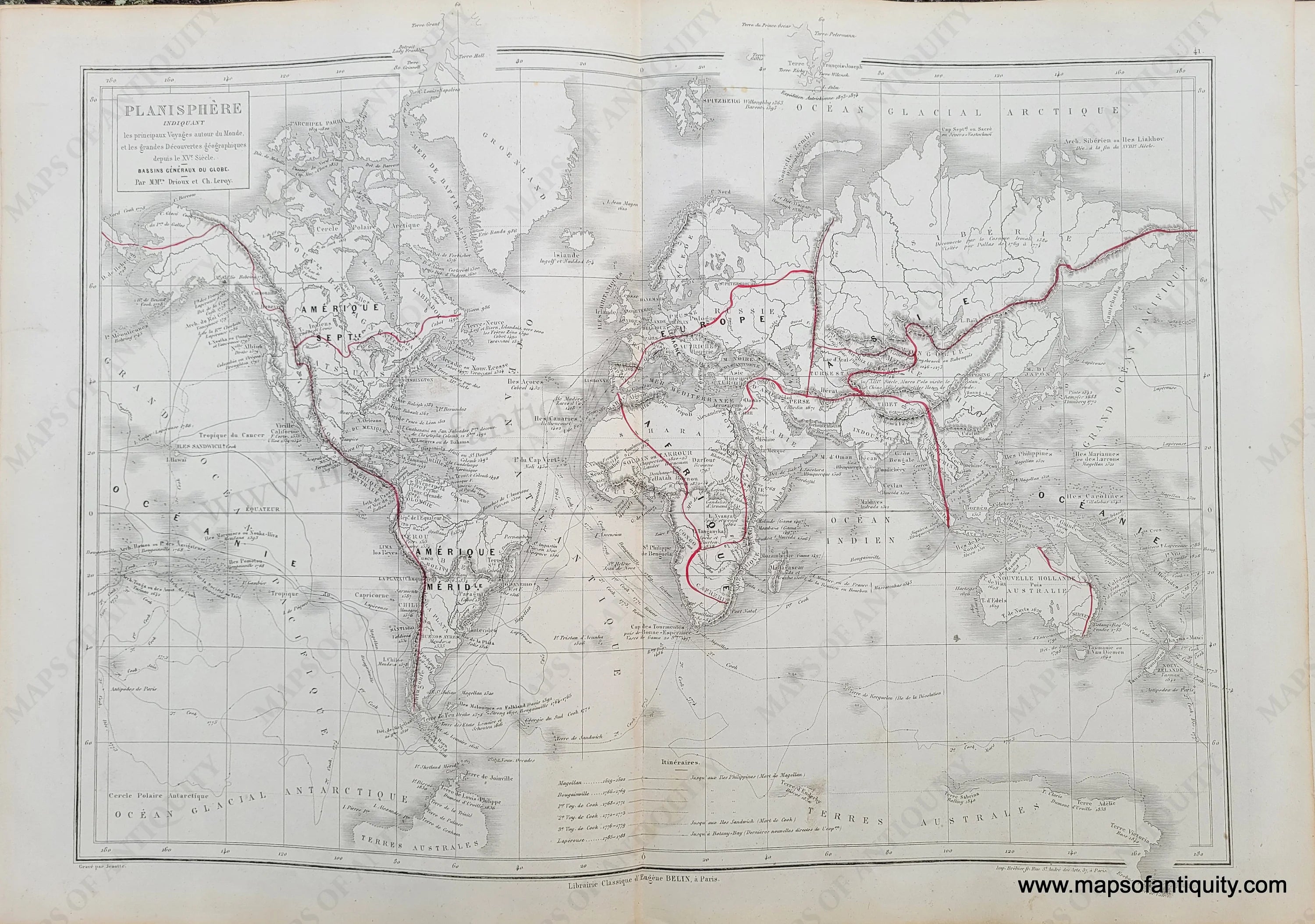1875 - Planisphere indicating the Main Journeys around the World and t ...