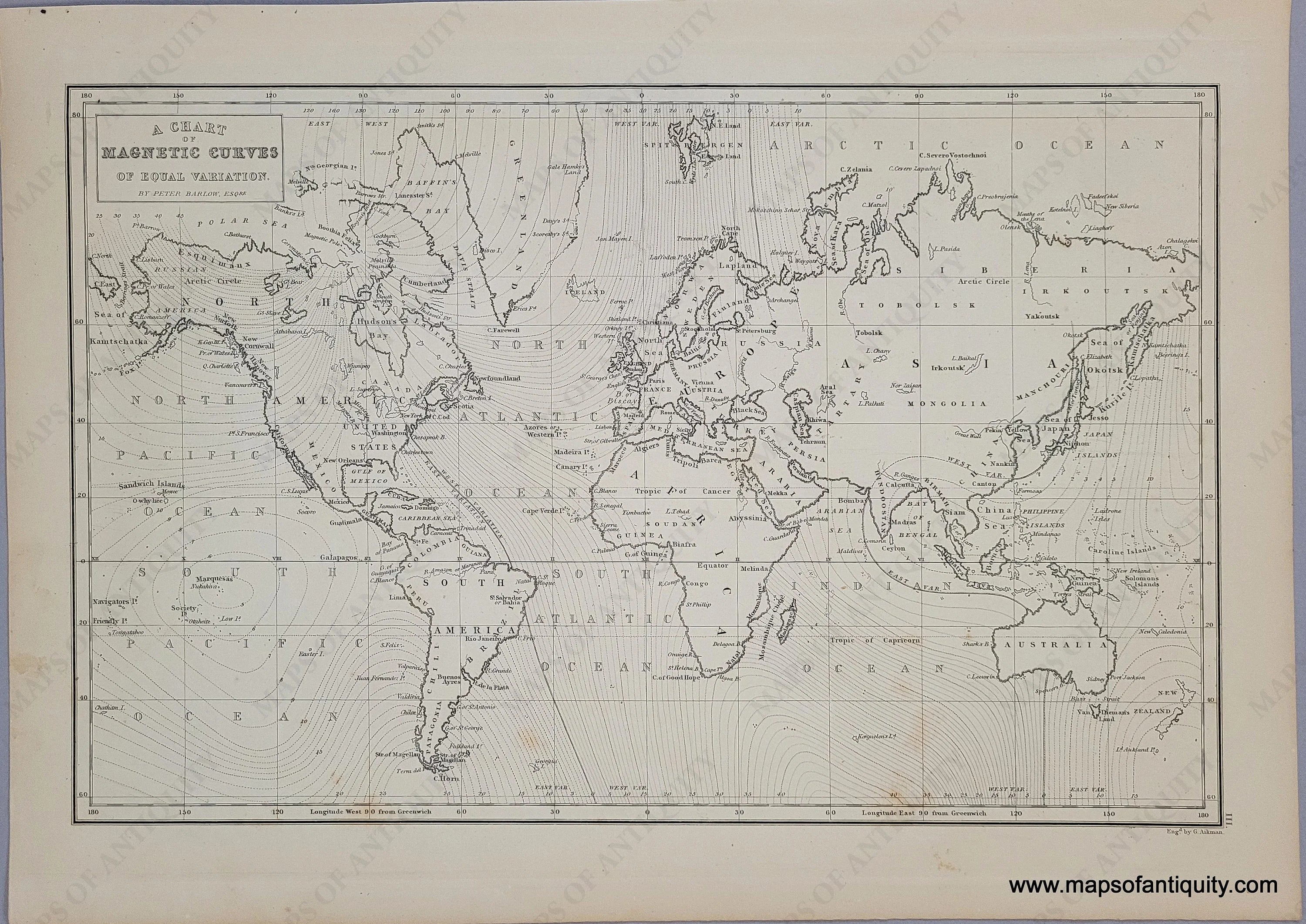 Antique World Map Chart of Magnetic Curves 1841 – Maps of Antiquity
