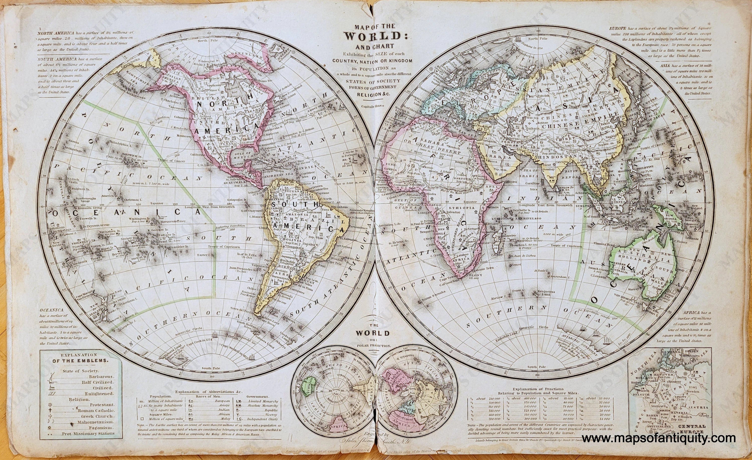 1839 Genuine Antique Map Map of the World: and Chart Exhibiting the ...