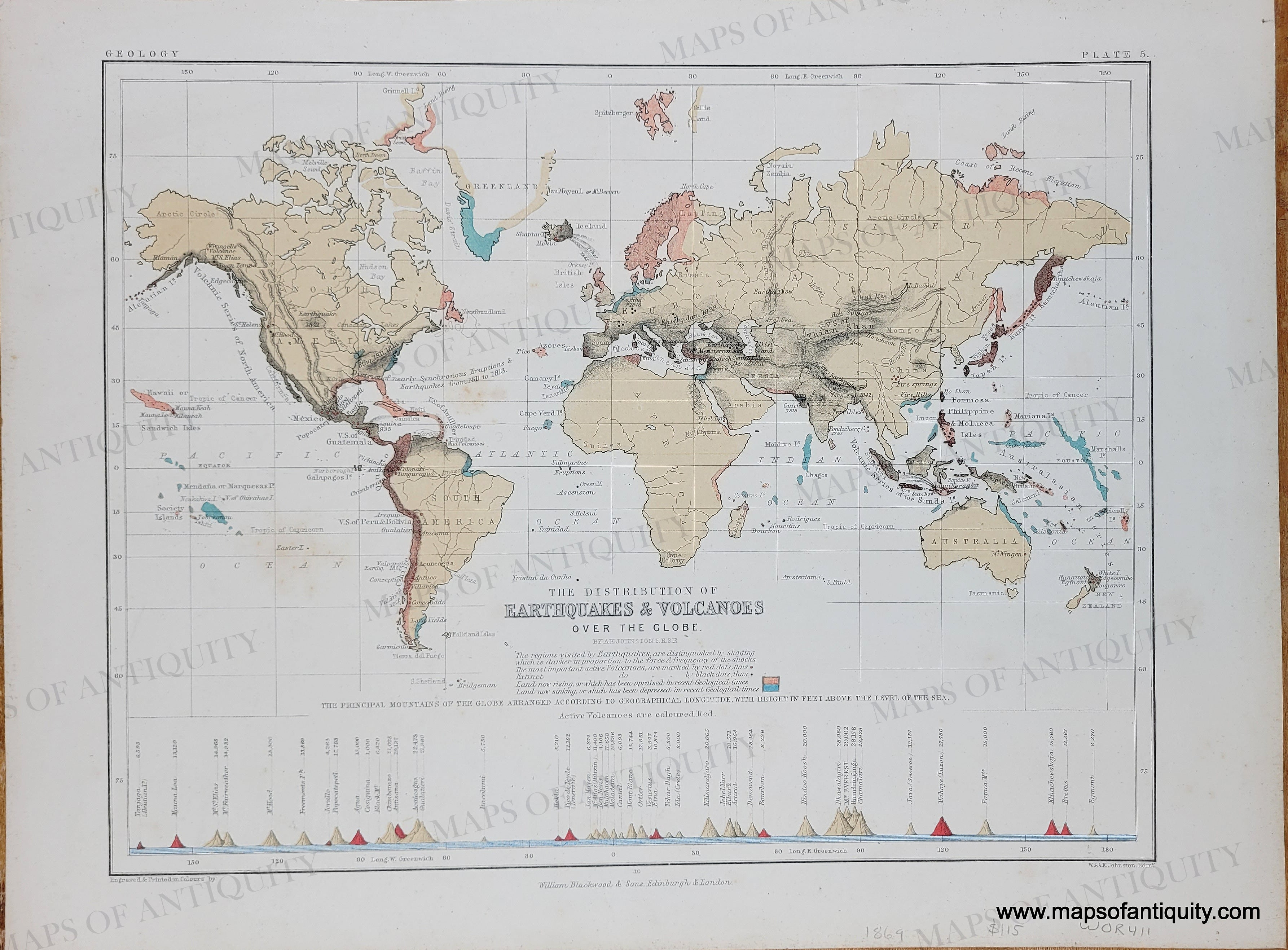 1869 Genuine Antique Map The Distribution of Earthquakes & Volcanoes ...
