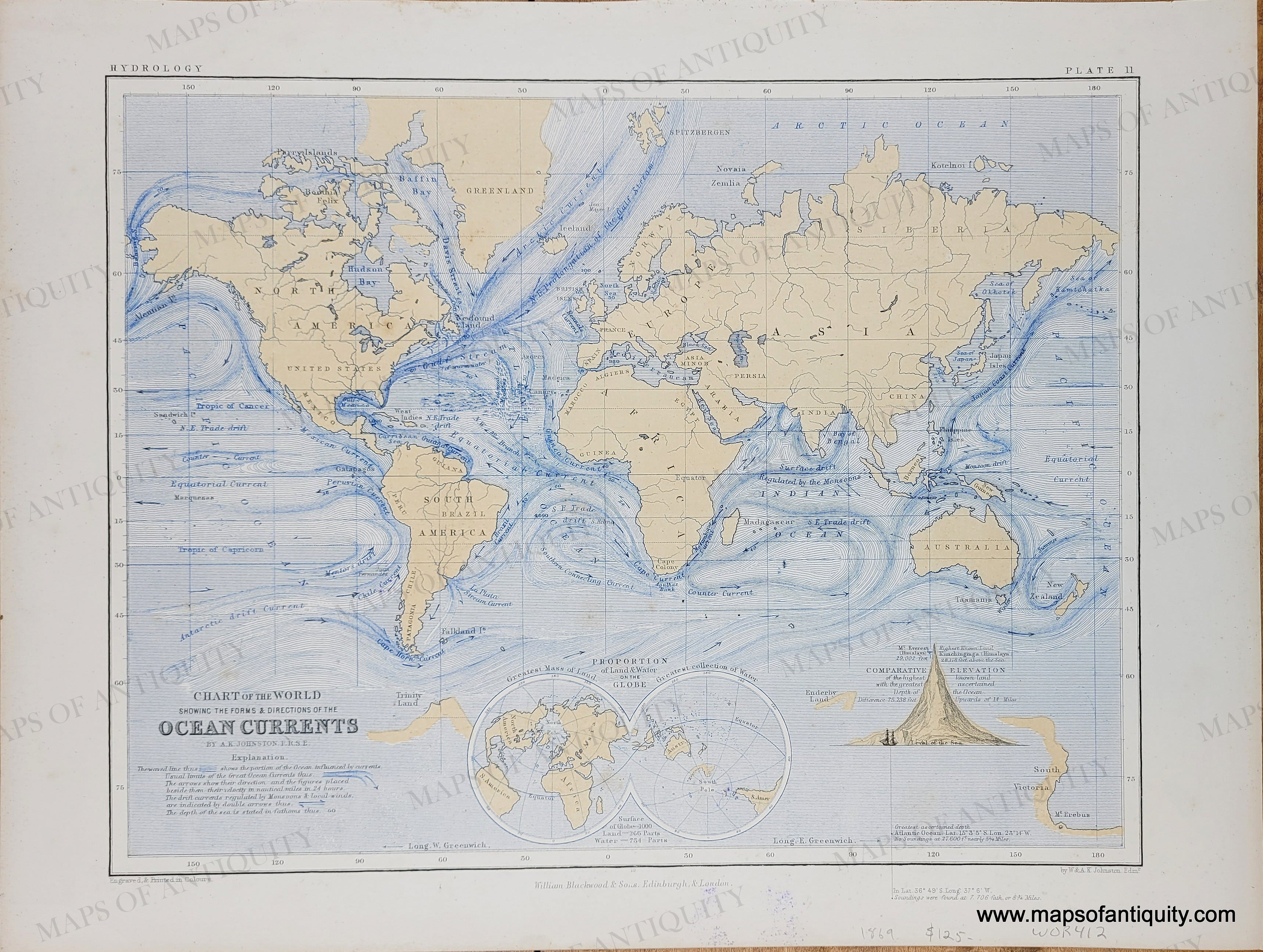 1869 Genuine Antique Map Chart of the World Showing the Forms ...