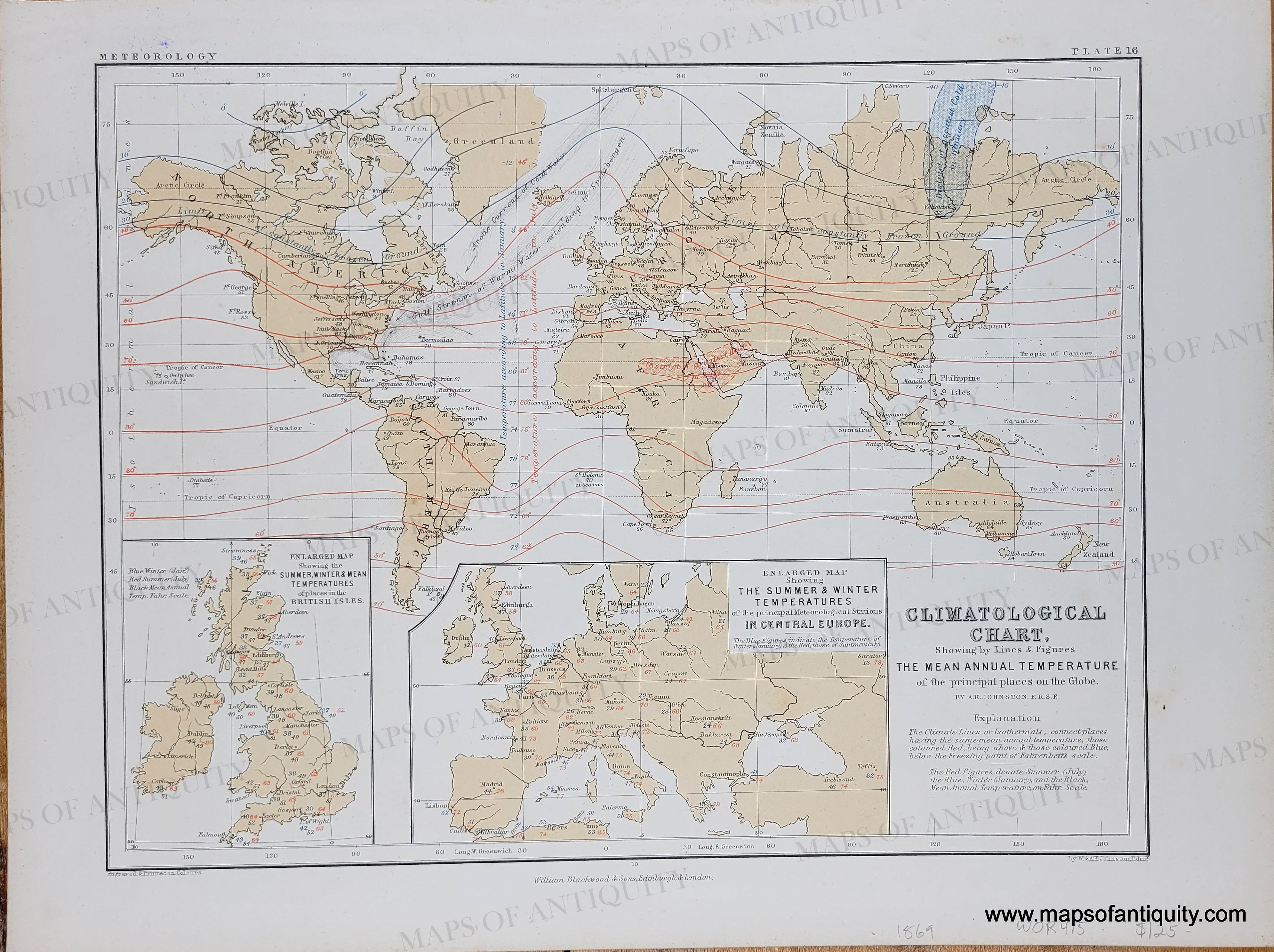 1869 Genuine Antique Map Climatological Chart, Showing by Lines ...