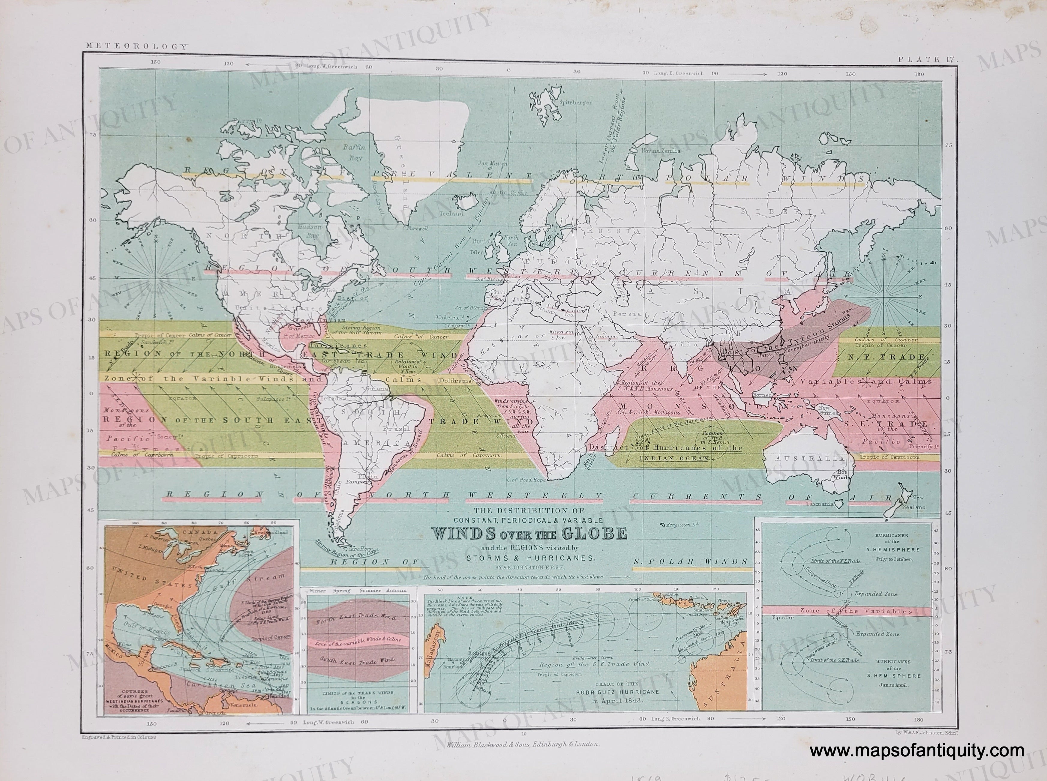 1869 Genuine Antique Map The Distribution of Constant, Periodical ...