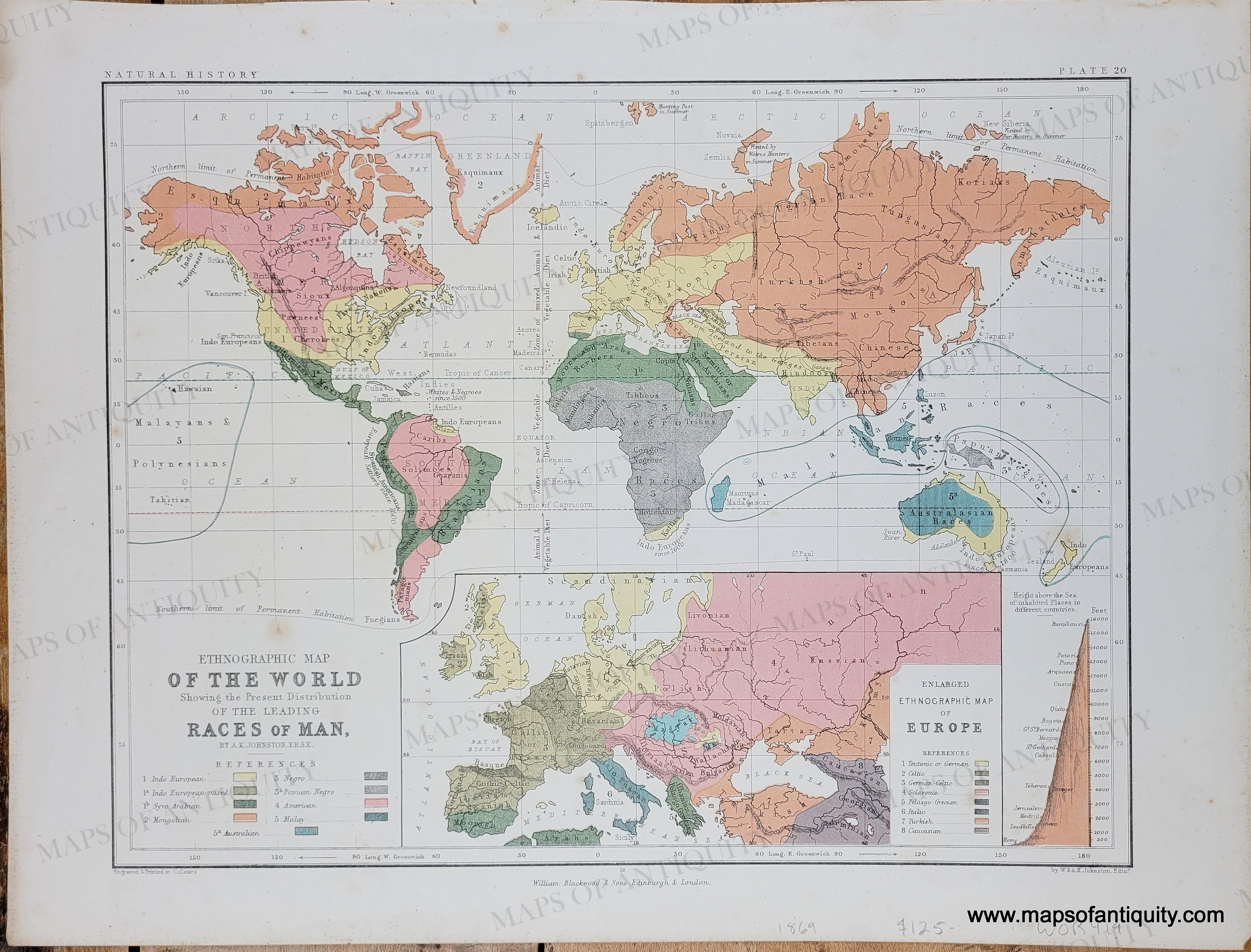 1869 Genuine Antique Map Ethnographic Map of the World Showing the ...