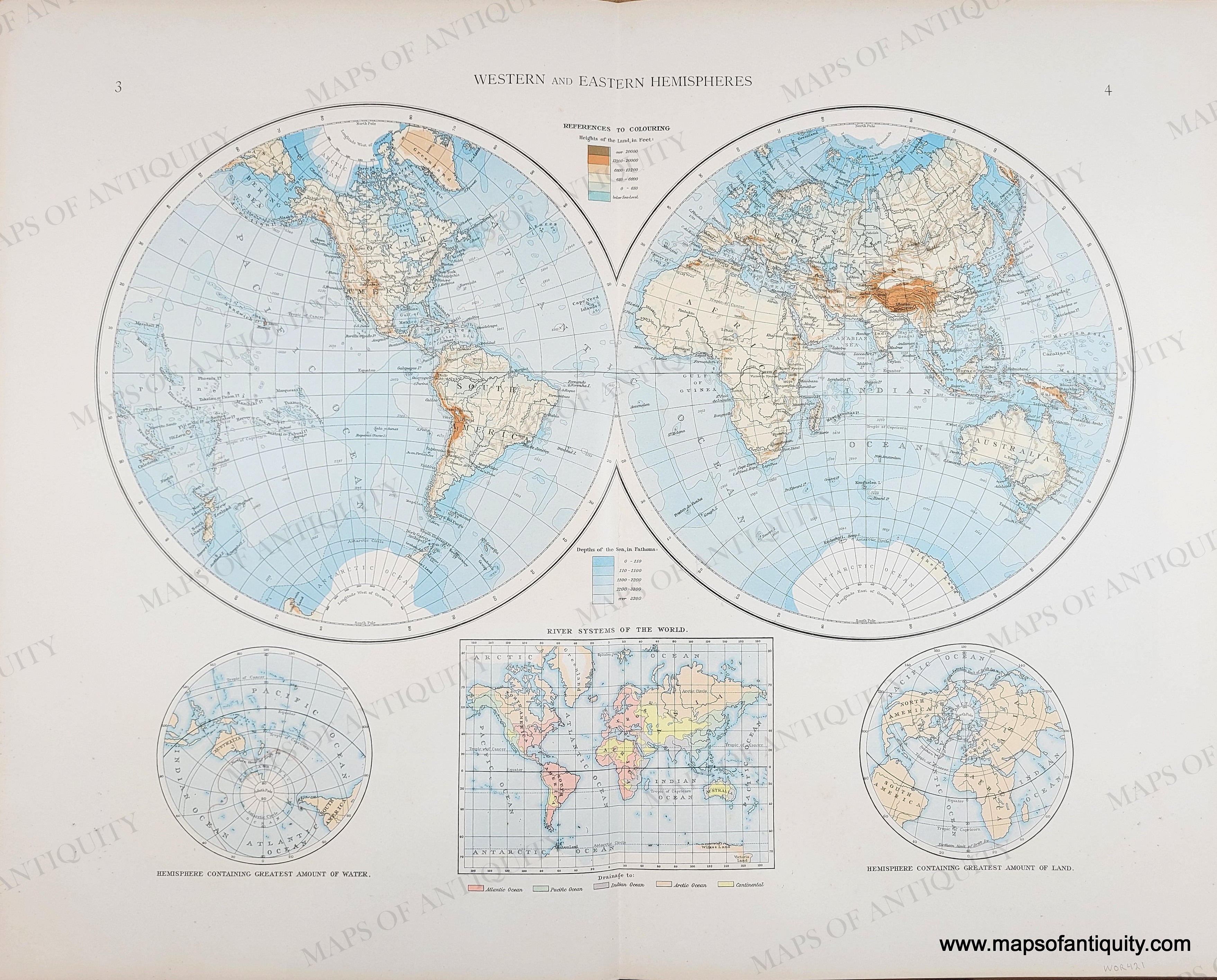 1900 Genuine Antique Print Western and Eastern Hemispheres – Maps of ...
