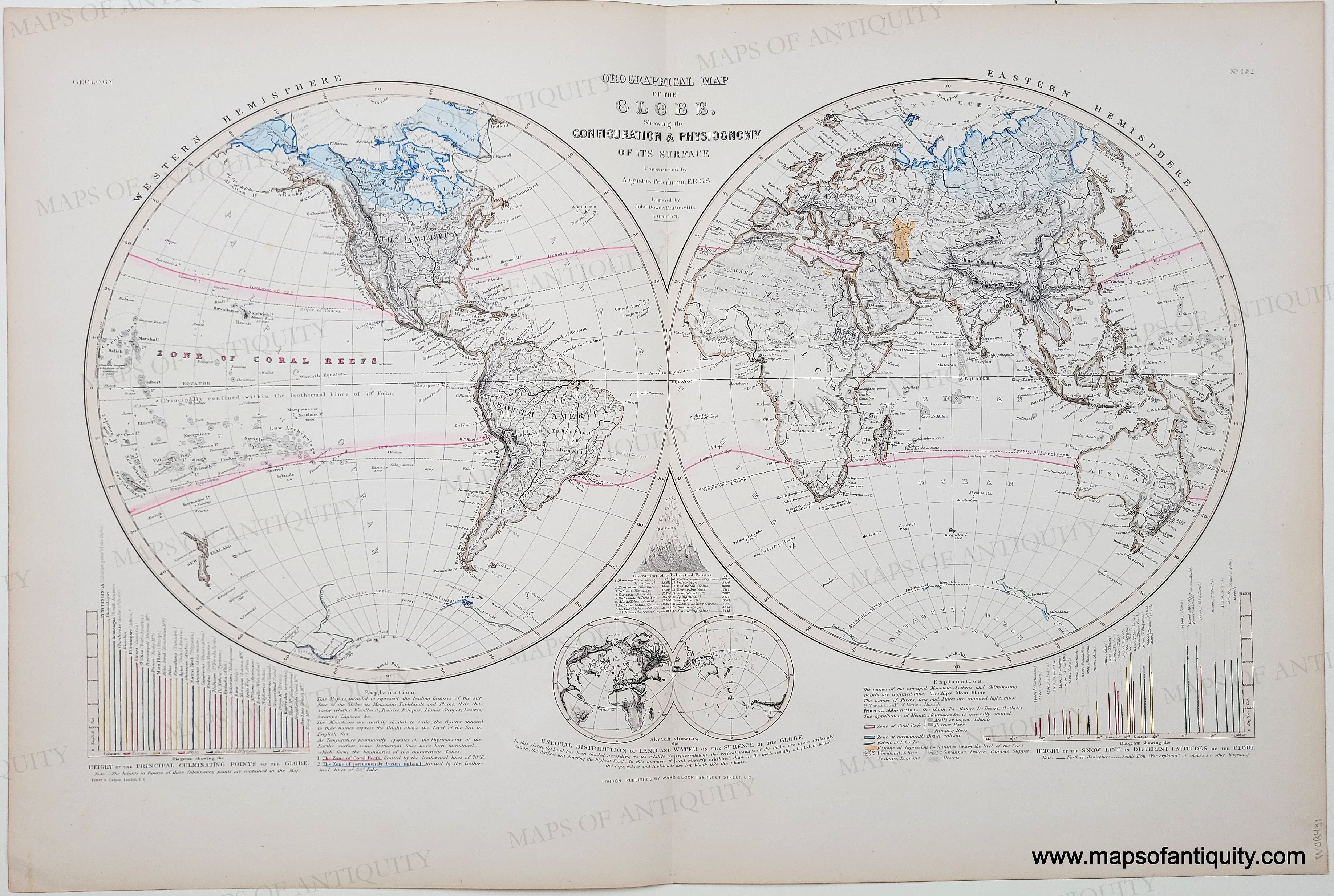 c.1850 - Orographical Map of the Globe, showing the configuration & ph ...