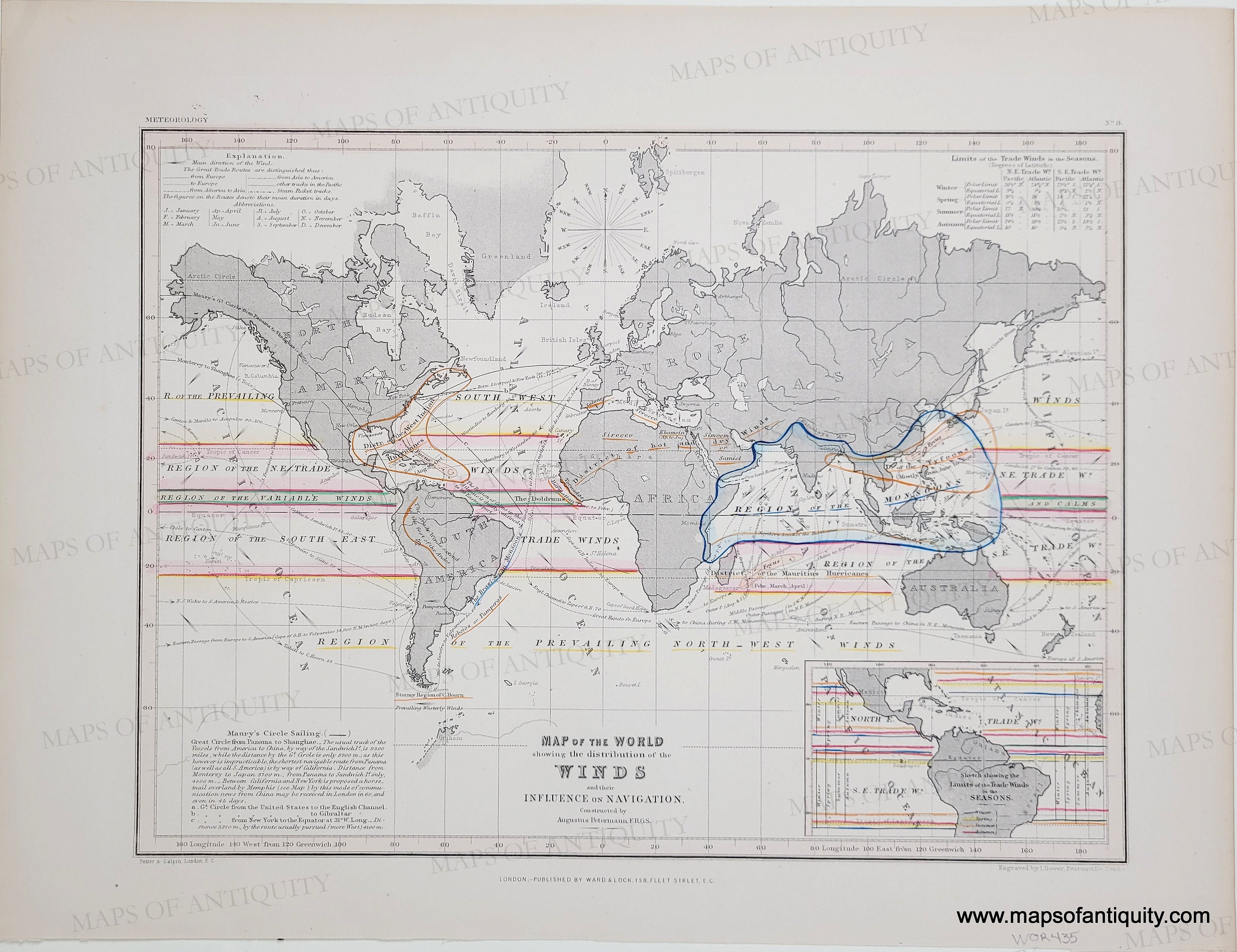 c.1850 - Map of the World Showing the Distribution of the Winds and th ...