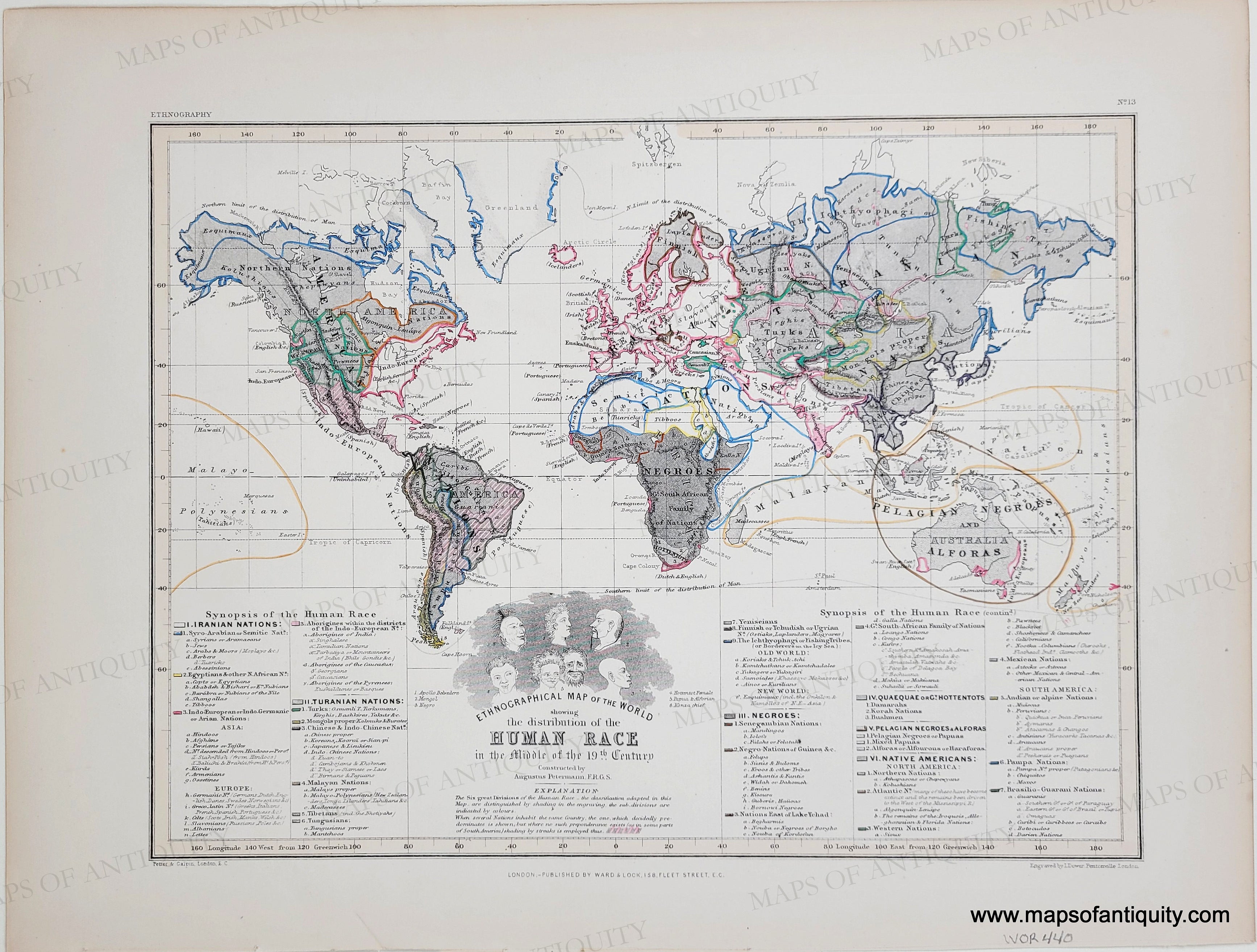 c.1850 - Ethnographical Map of the World Showing the Distribution of t ...
