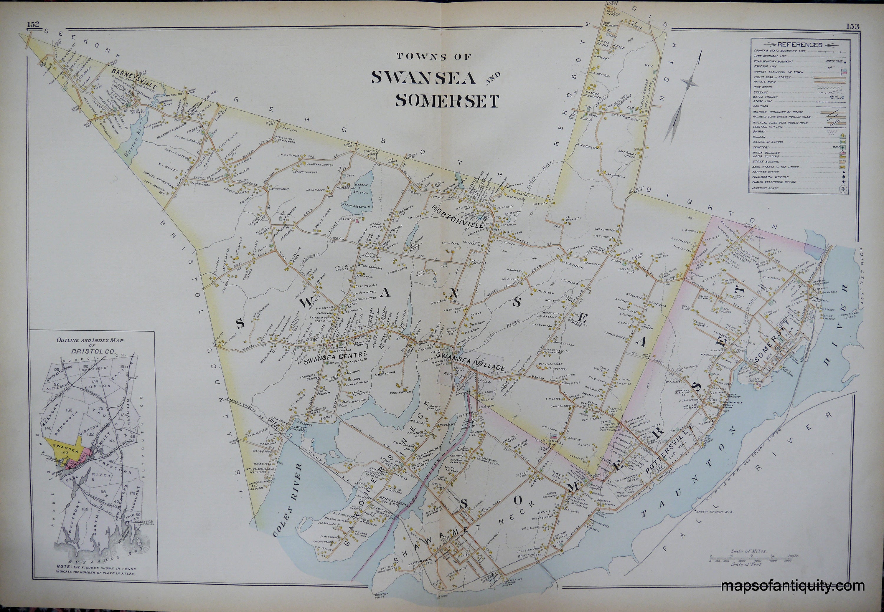 1895 - Towns of Swansea & Somerset, Bristol Co. Index (MA) - Antique M ...