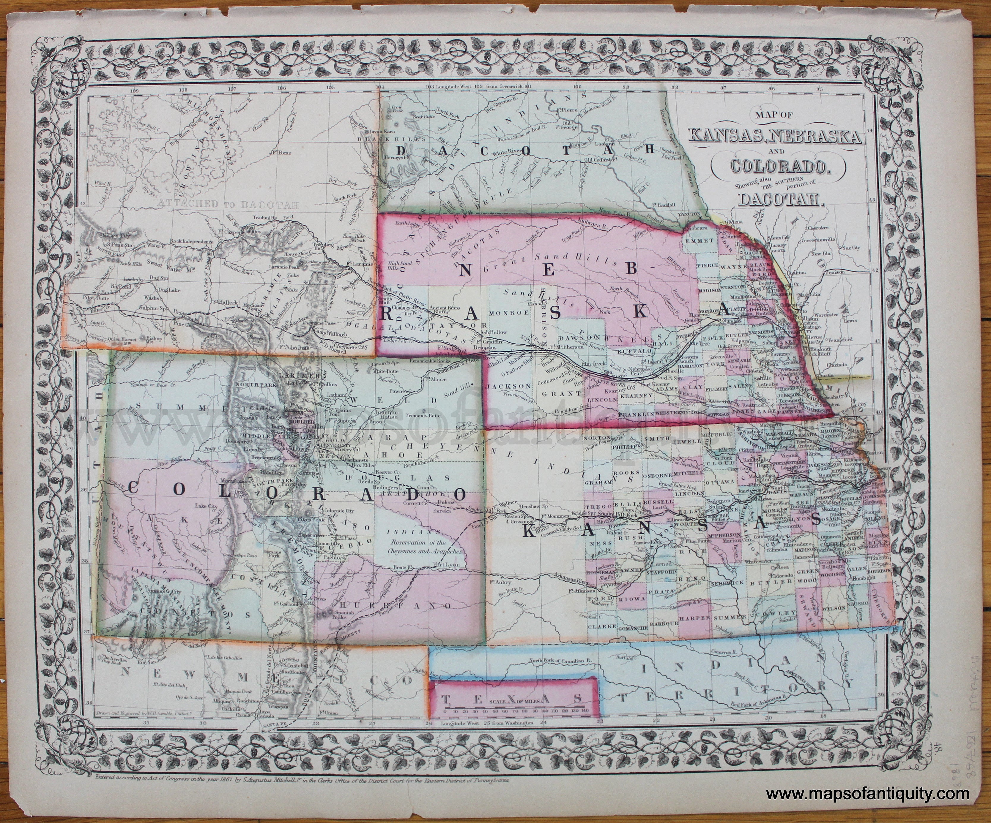 1867/1868 - Map of Kansas, Nebraska and Colorado. Showing also the Sou ...